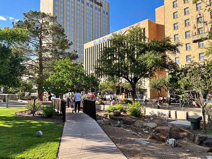 Sunlight filters through the trees along a downtown El Paso walkway, where the city's warm, welcoming energy is practically visible.
