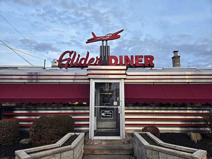 Framed perfectly against a moody sky, the Glider Diner's bold facade is the kind of sight that stops you mid-drive.
