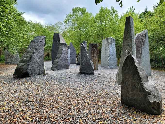 These dramatic standing stones arranged in gravel create an ancient-looking circle that's actually thoroughly contemporary and thought-provoking.