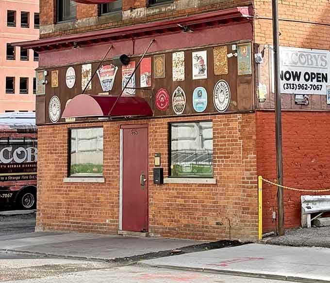 That weathered red awning and collection of old beer medallions tell you Jacoby's entrance has seen some stories.