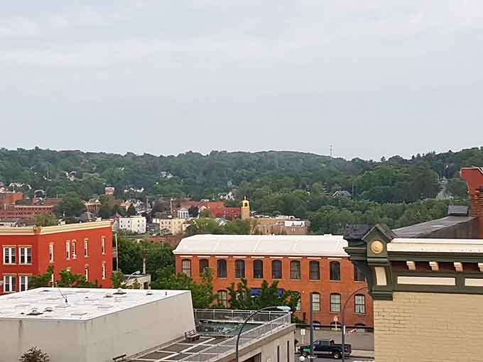 Jamestown's rooftop view reveals a lush green hillside cradling the city below, like something straight out of a storybook.