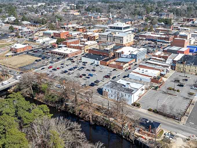 Lumberton's downtown sits right beside the river, and from this height you can see exactly why people fall for it.