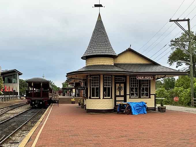 The New Hope station's yellow Victorian charm and pointy turret make every arriving train feel like a special occasion.