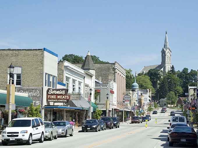 Bernie's Fine Meats anchors Port Washington's main street while a gorgeous church steeple watches over the whole scene from above.