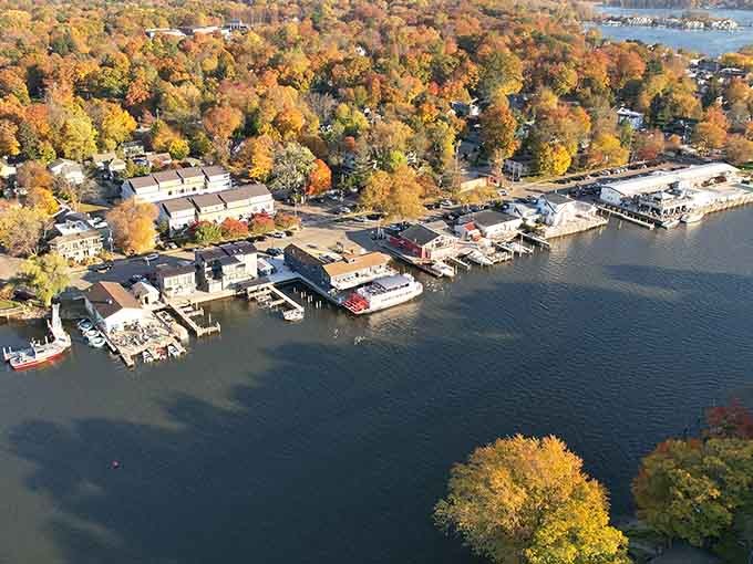 Saugatuck's waterfront glows in brilliant fall color from above, a breathtaking reminder that beauty and great food always travel together.