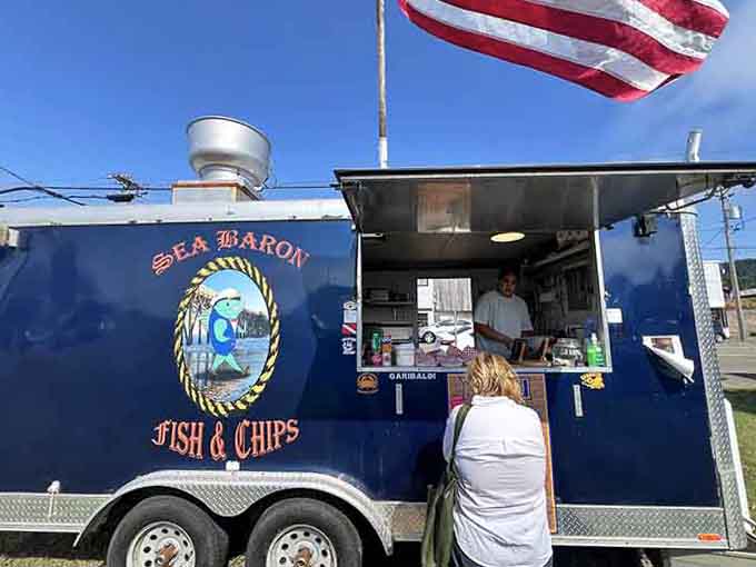 That open service window means fresh fish and chips are just one friendly conversation away.