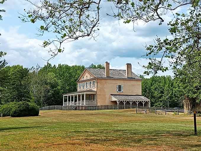 The Batsto Mansion sits on its wide green lawn like it's been patiently waiting for you to visit.