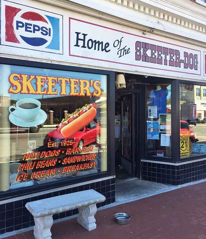 That stone bench out front and the vintage window graphics make Skeeter's look like a living museum of American comfort food.