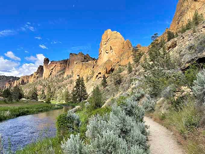 The riverside trail winds beneath golden rock formations that glow warm against the cool desert sage and sky.