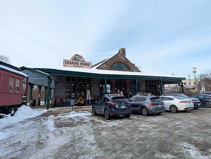 The historic depot building stands proud with its vintage charm intact, ready to serve hungry modern-day visitors.