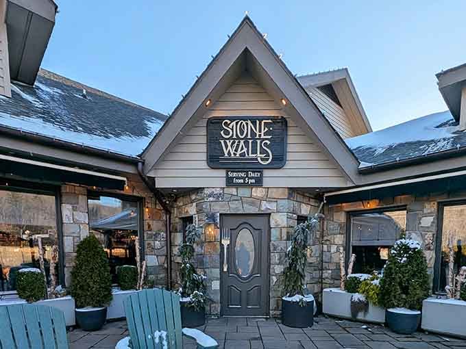 Snow dusting the rooftop while that oversized fork on the door winks at you is peak Banner Elk perfection.