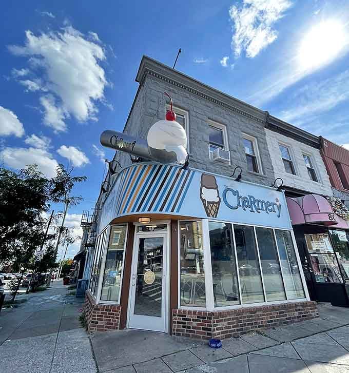 That giant rooftop ice cream cone with a cherry on top at The Charmery is the most joyful thing in Baltimore's skyline.