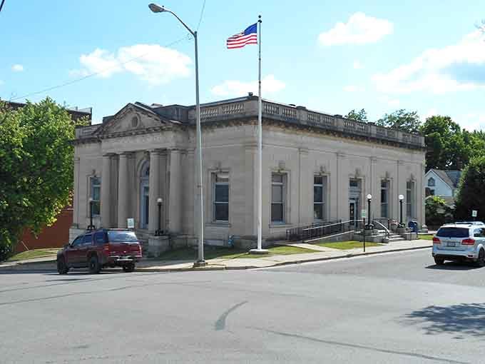 Wabash's grand columned building stands beneath a bright summer sky like it's been quietly anchoring this community for generations.