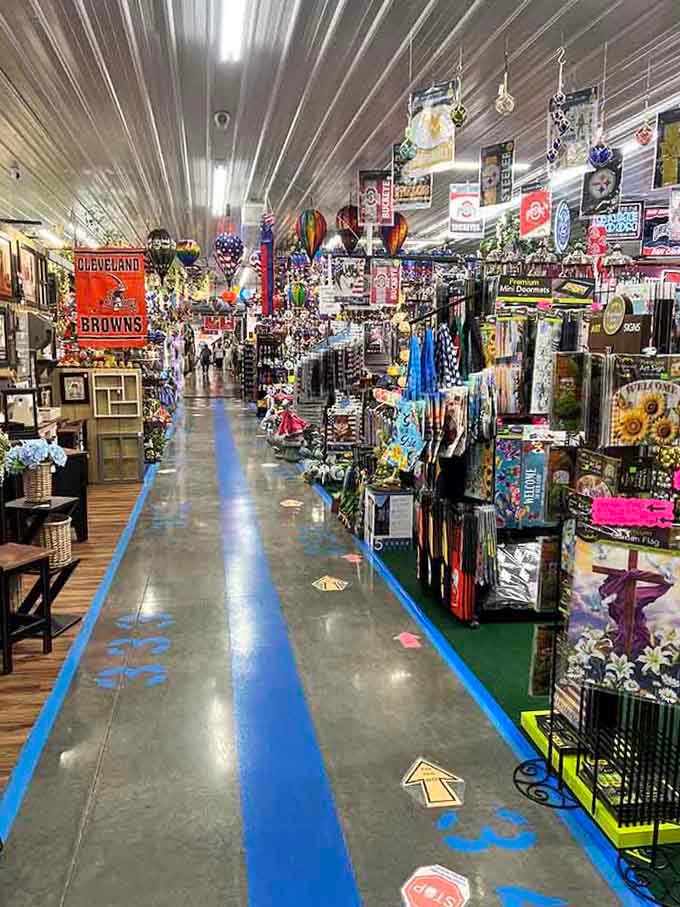 A long, glowing aisle of Cleveland Browns banners and colorful hot air balloon décor — Walnut Creek is pure Ohio joy.