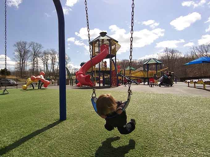 Soaring high with the whole playground spread out behind. This kid has the best seat in Tolland.