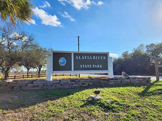 The entrance sign stands proud, marking the gateway to over 6,000 acres of reclaimed paradise worth exploring today.