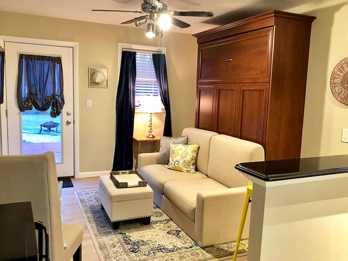 A Murphy bed, a cozy sofa, and navy curtains, this living space works harder than it looks.