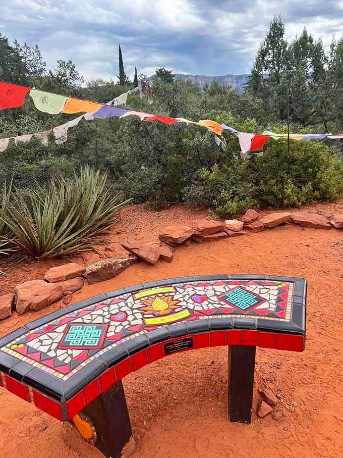 Handcrafted mosaic benches offer the perfect spot to sit and contemplate life's bigger questions, or nothing at all.