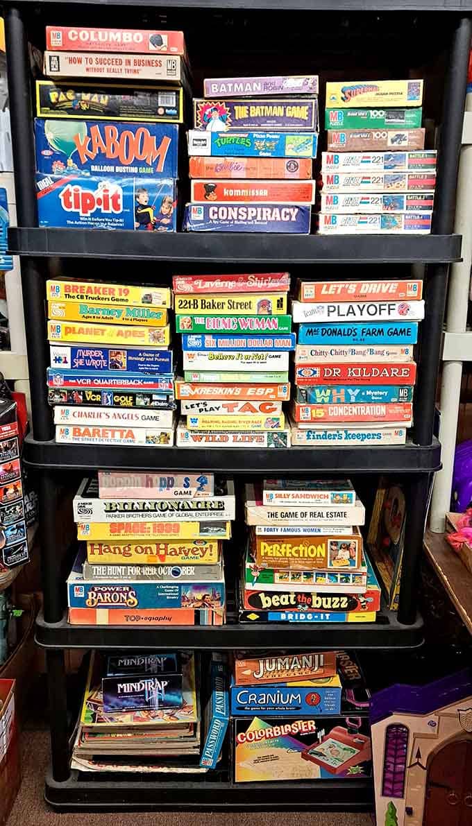 Columbo, Batman, Jumanji, and Perfection all on one shelf. Your childhood called and it wants its Saturday back.