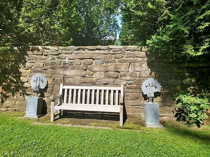 A garden bench flanked by ornamental peacock sculptures, because sometimes a place just knows exactly how to make you sit down and breathe.