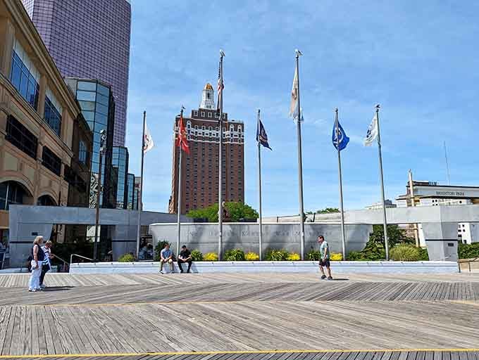 The New Jersey Korean War Memorial stands quietly on the boardwalk, a powerful reminder amid all the celebration.