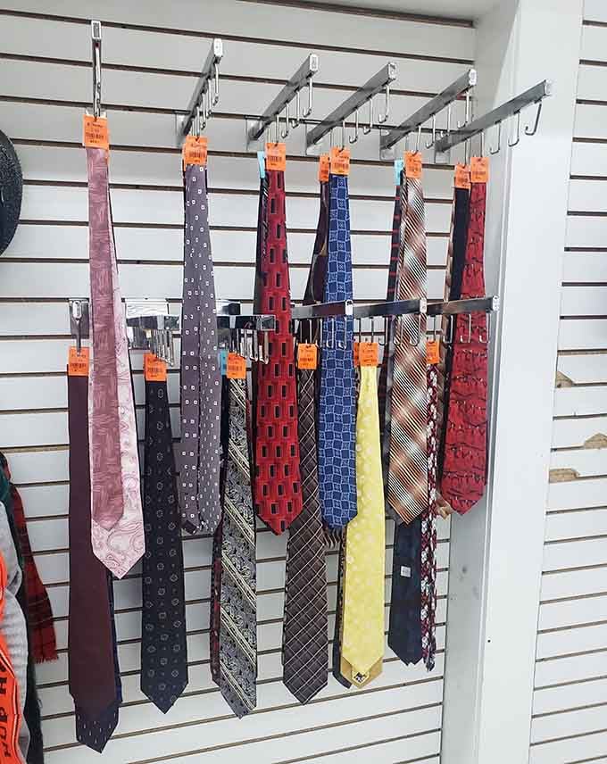 A wall of neckties that would make your grandfather proud. Classic patterns, bold colors, and zero regrets at these prices.
