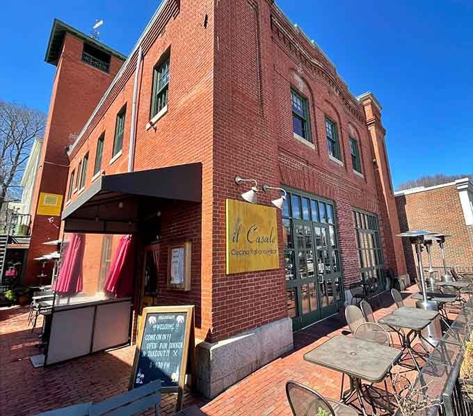 Sidewalk dining on brick patios where the outdoor seating feels more European bistro than suburban Massachusetts.