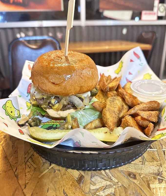 Grilled mushrooms, melted provolone, and a bun that somehow holds it all together. This burger is quiet confidence on a plate.