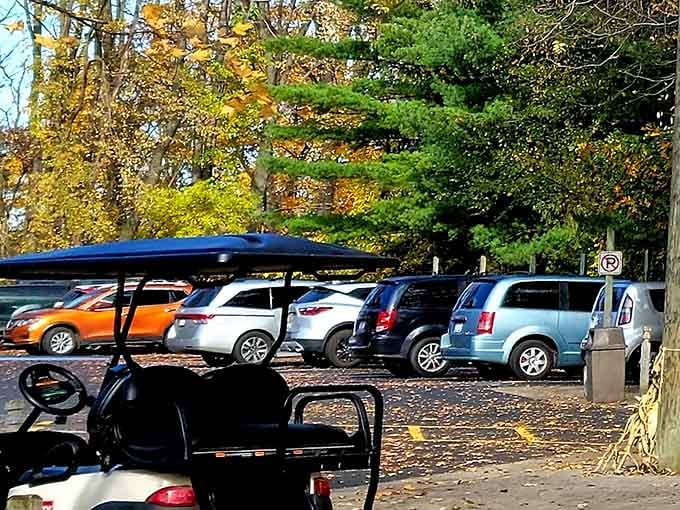 Fall foliage, a golf cart, and a full parking lot. Michigan's best-kept secret is clearly out.