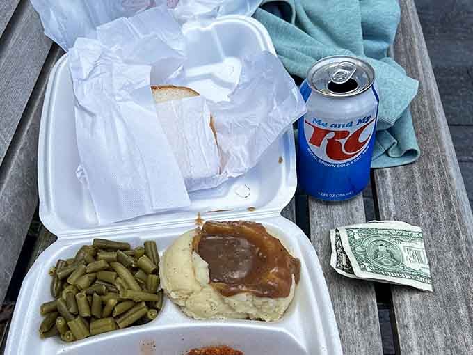Mashed potatoes with gravy, string beans, bread, and an RC Cola. This is a lunch that actually means business, no reservations required.