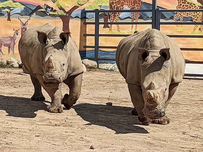 Rhinos strutting their stuff with the confidence that comes from being absolutely magnificent and knowing it.