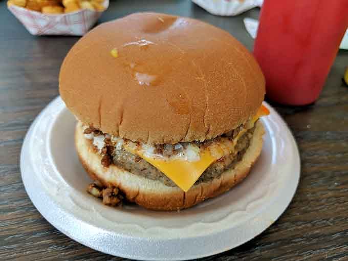 Even the hamburger at a hot dog joint looks like it means serious business. Chili, cheese, and onions on a perfectly toasted bun.