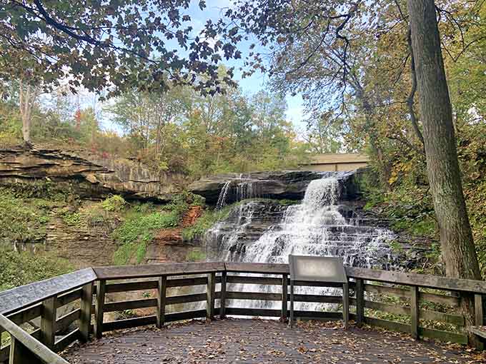 The boardwalk curves toward the falls like an invitation you'd be foolish to turn down.