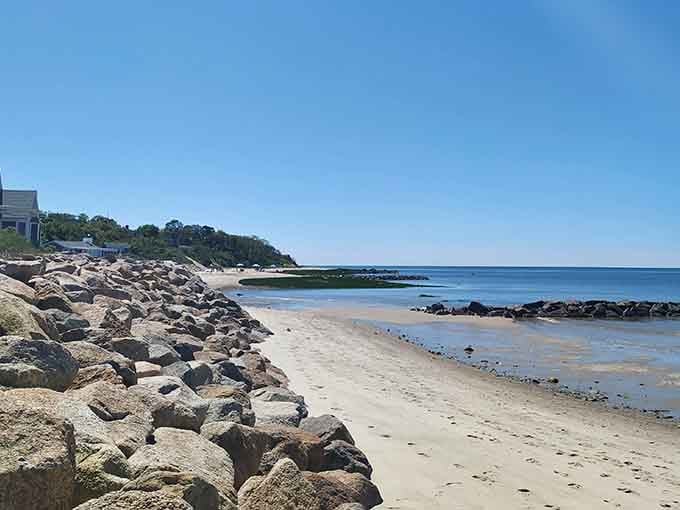 Rocky shoreline, open sky, and calm water. The Brewster Tidal Flats coastal landscape never phones it in.