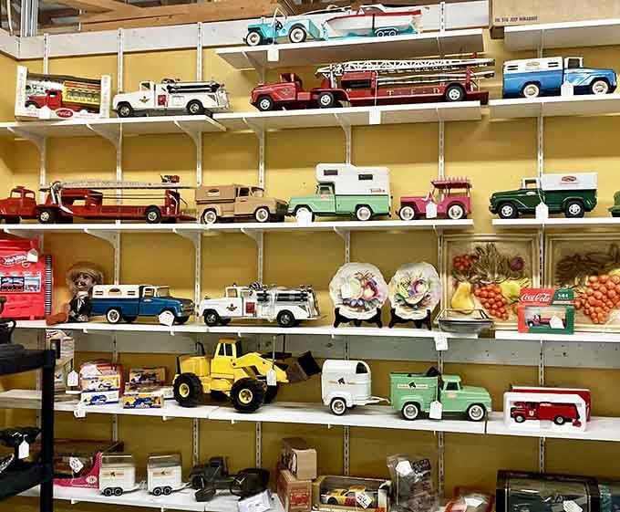 Shelves packed with vintage toy trucks, fire engines, and campers, basically every kid's dream from 1965 just waiting to be rediscovered.
