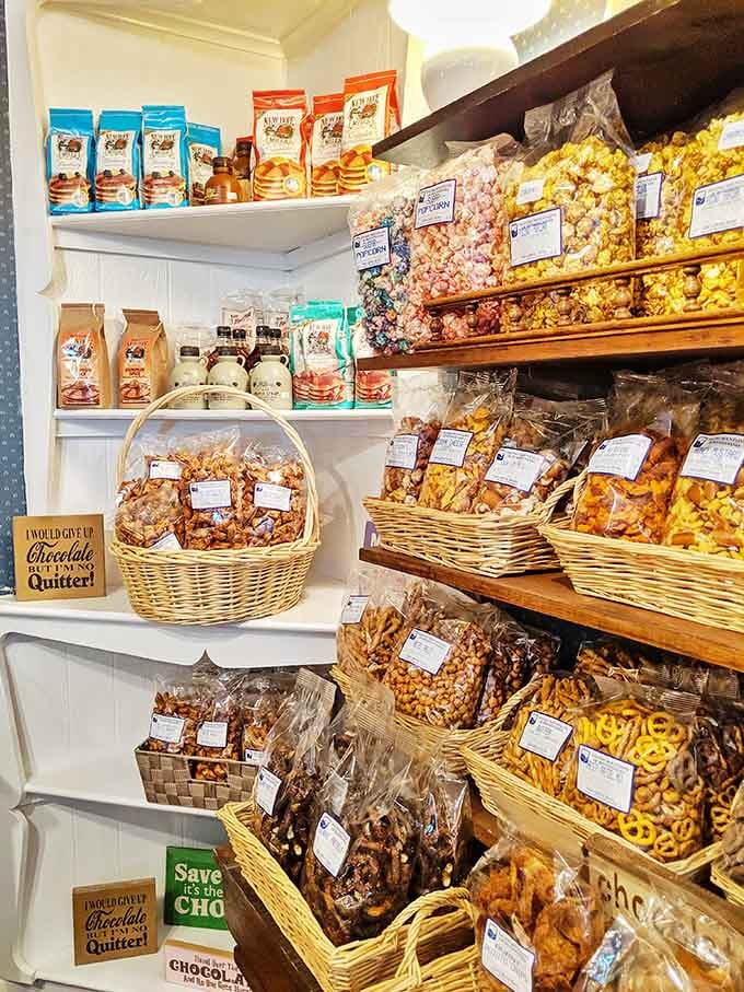 Caramel corn, pretzels, and snack mixes stacked high, proof that Callie's believes nobody should leave empty-handed.