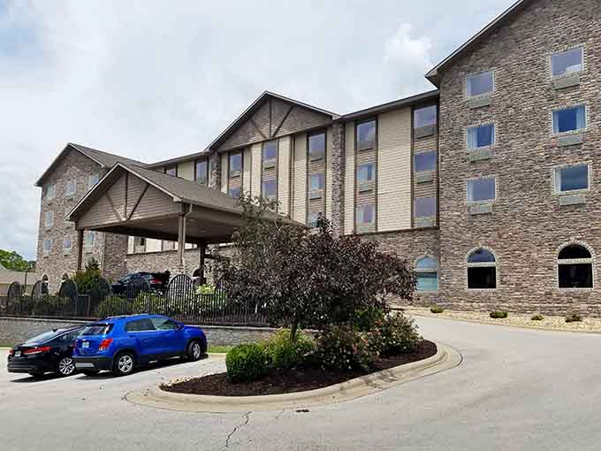 The resort building stands solid and welcoming, like a warm handshake after a long drive.