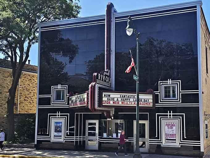 The Rivoli Theatre's classic marquee lights up downtown, offering entertainment without the megaplex madness and sticky floors.