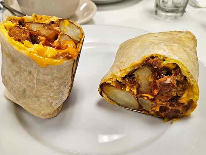 That breakfast burrito is packed tighter than a subway car at rush hour, but infinitely more pleasant.