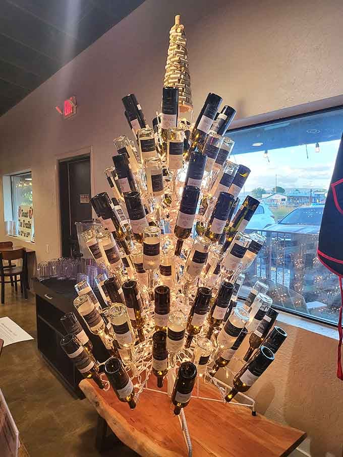 Part wine rack, part conversation starter, this glowing bottle tree is the most dramatic thing in the room, and it knows it.