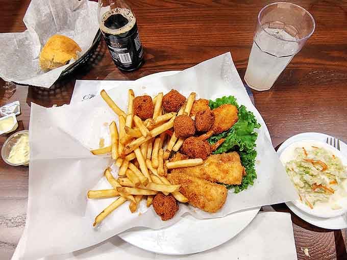 Fried fish, hush puppies, and fries - because sometimes you need all the golden crispy things.