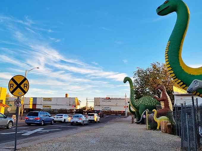 Even the dinosaurs of Holbrook stop and wait patiently for the train to pass through town!