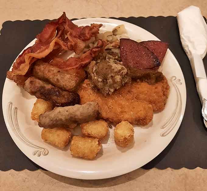 Bacon, sausage links, scrapple, tater tots, and more on one plate. Lebanon County clearly doesn't believe in going halfway.