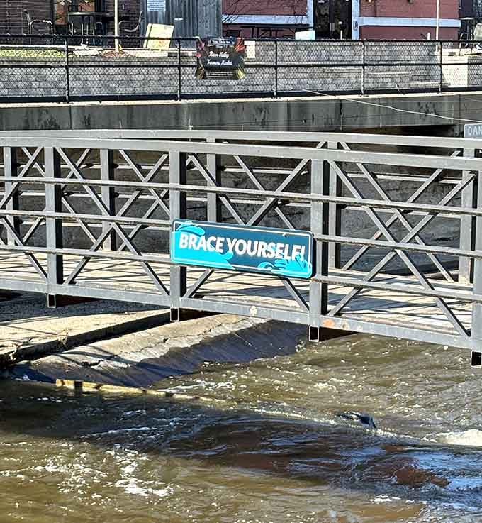 Two words on a bridge that deserve your complete and total respect. The water agrees wholeheartedly.
