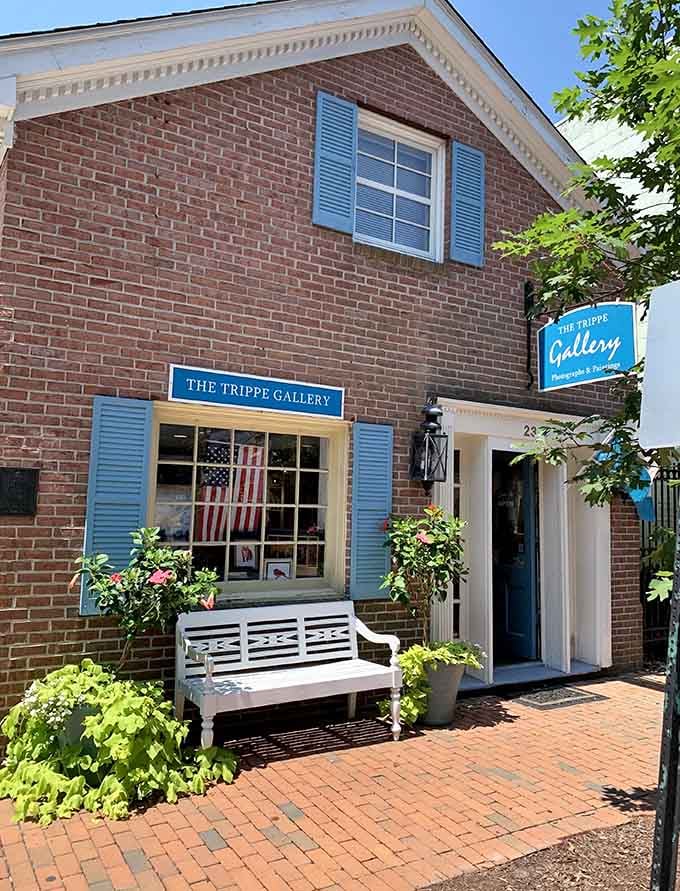 The Trippe Gallery's charming brick facade and welcoming bench invite you to slow down and appreciate local artistry.