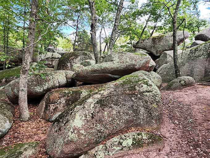 Massive, lichen-covered boulders stacked like nature's own furniture. No assembly required, thankfully.