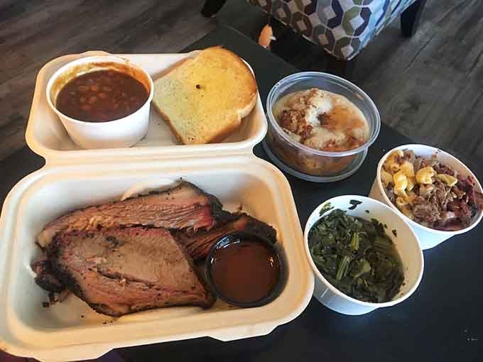 Brisket with a smoke ring that deep, green beans, baked beans, and mac and cheese, this spread means serious business.
