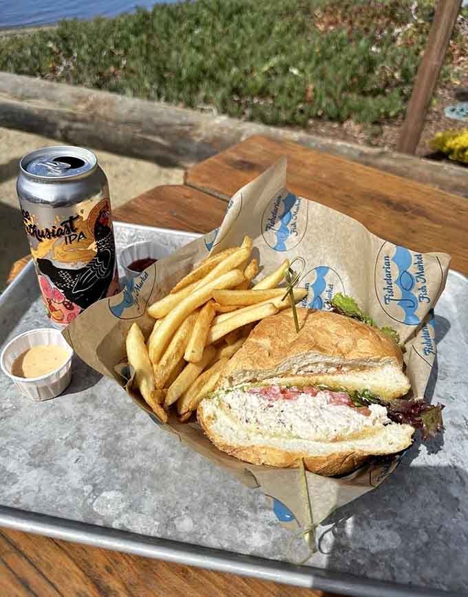 A seafood sandwich, golden fries, and a cold IPA on a sunny Bodega Bay afternoon. Life is occasionally very fair.