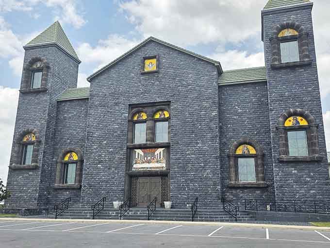 From the parking lot, this building looks like it teleported straight from medieval Europe to South Texas.