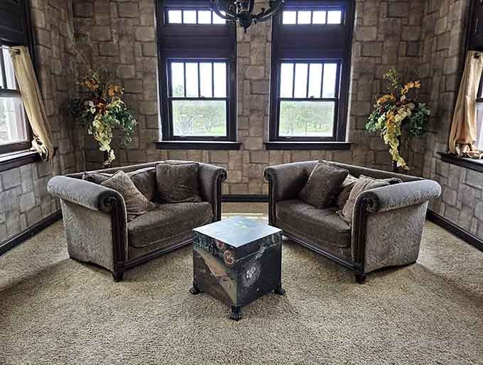 A cozy sitting area with stone walls and period furniture, perfect for contemplating whether that chill is drafty windows or something else.